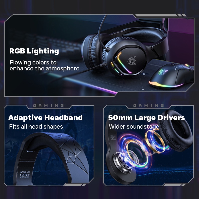 ONIKUMA X31 Wired Gaming Headset RGB Lighting 50mm Immersive Sound 360 ...